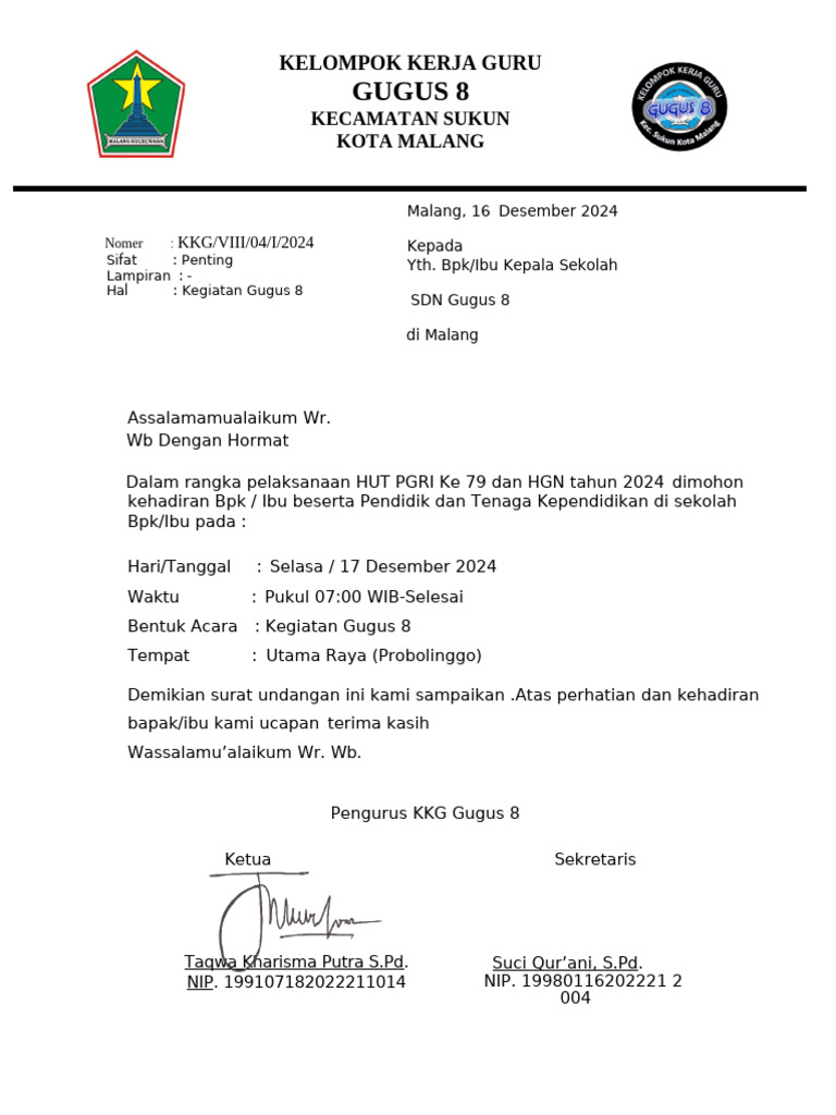 2024 75 Undangan Kegiatan Gugus 8 | PDF