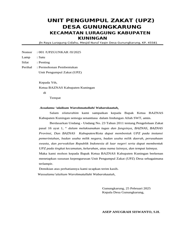 Pembentukan UPZ Desa Gunungkarung | PDF
