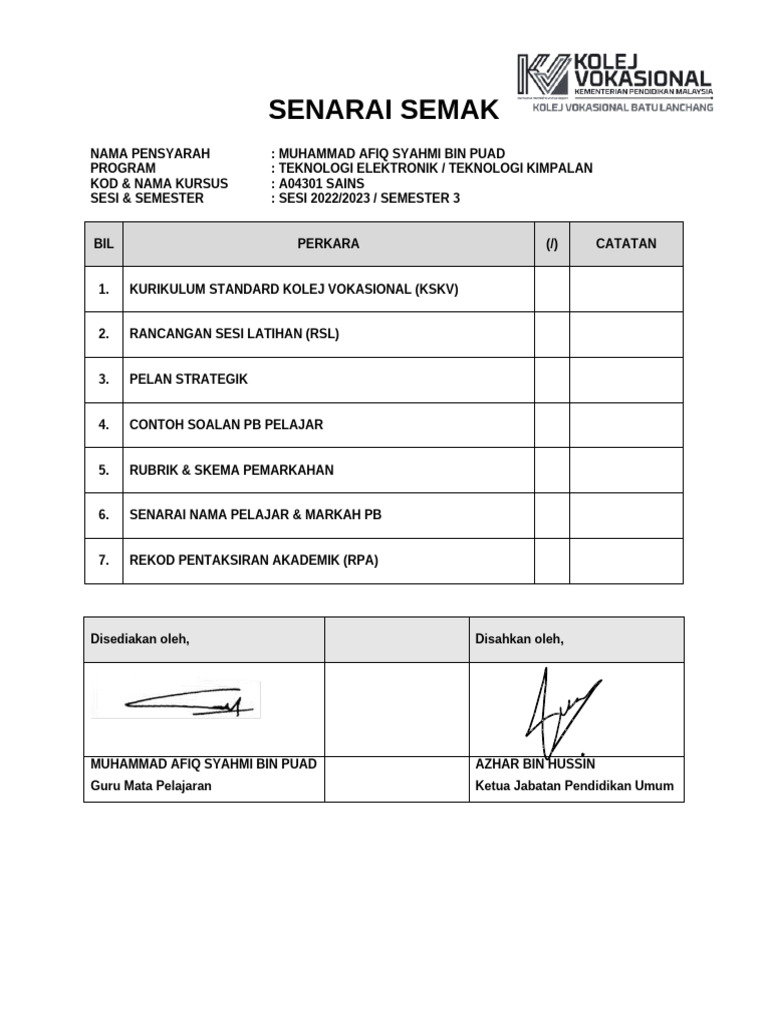 Senarai Semak Fail RPA | PDF
