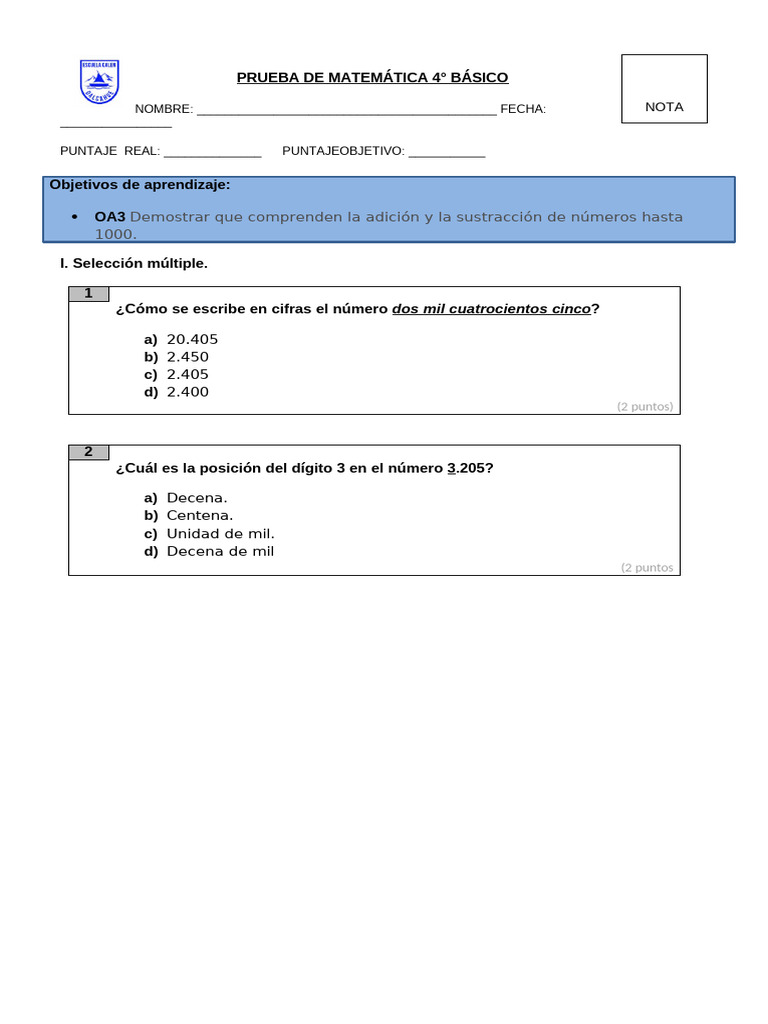 PRUEBA MATEMATICA 4° BASICO (Recuperado automáticamente) | PDF ...