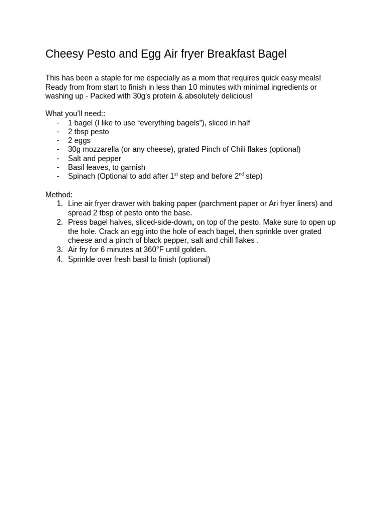 Quick Cheesy Pesto Egg Bagel Recipe | PDF