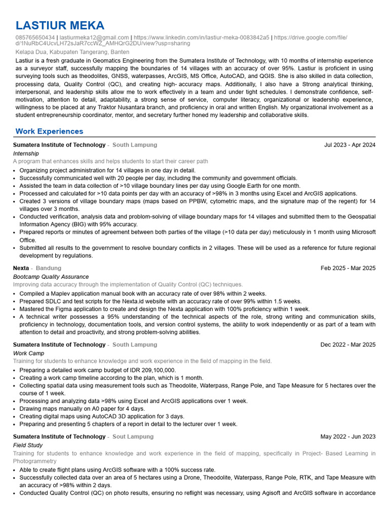 Lastiur Meka-Resume - Management Trainee - Administration Department Head | PDF | Surveying | Data