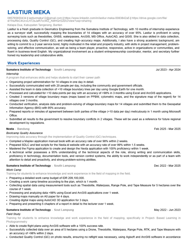 Lastiur Meka-resume - Management Trainee | PDF | Surveying