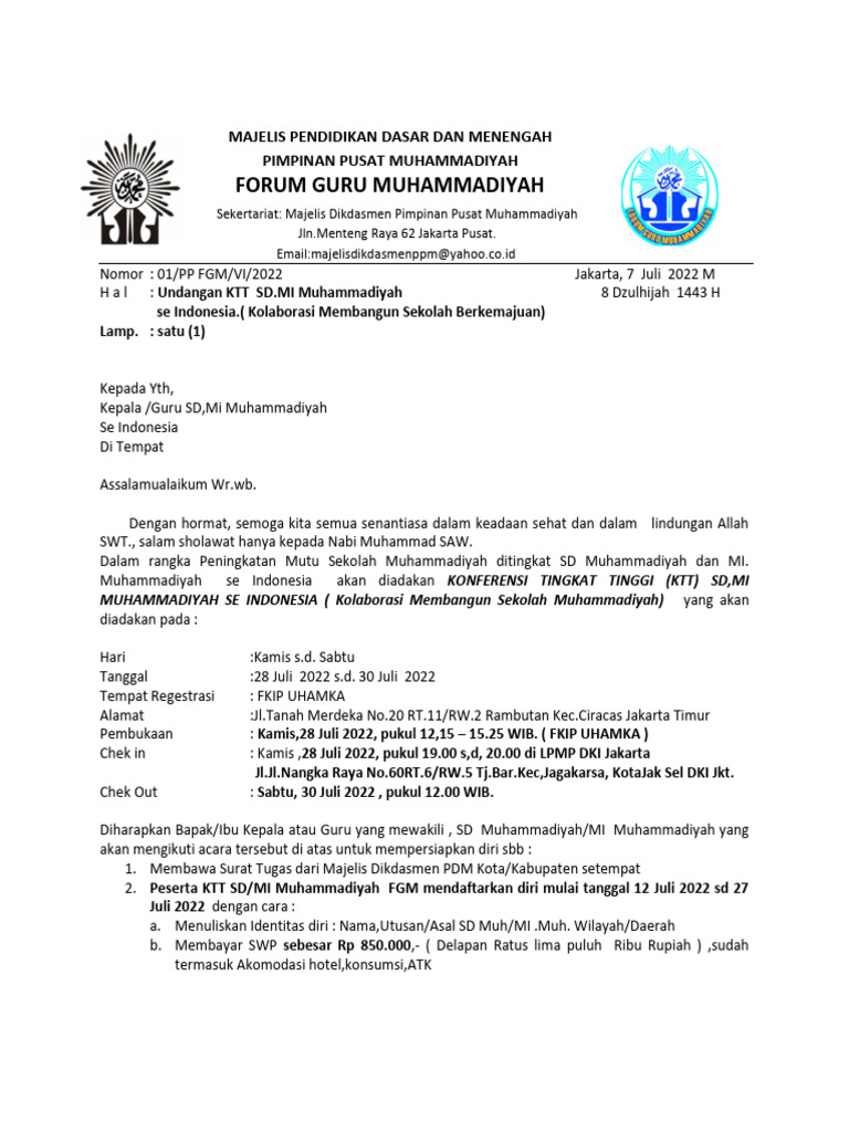 01.surat Undangan KTT SD, Mi Muh, Se Indonesia | PDF