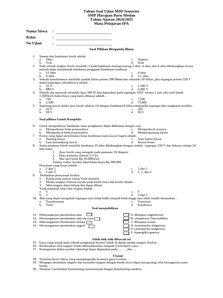 Soal MID IPA Kelas IX SMP | PDF