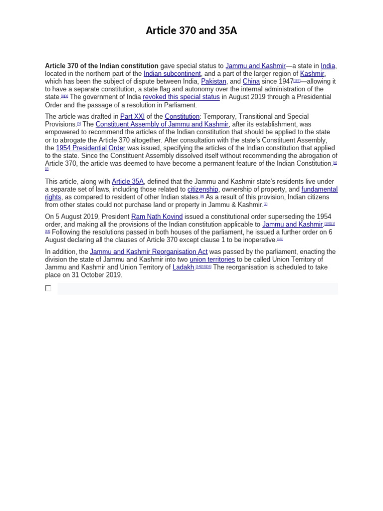 Article 370: Special Status Revoked | PDF