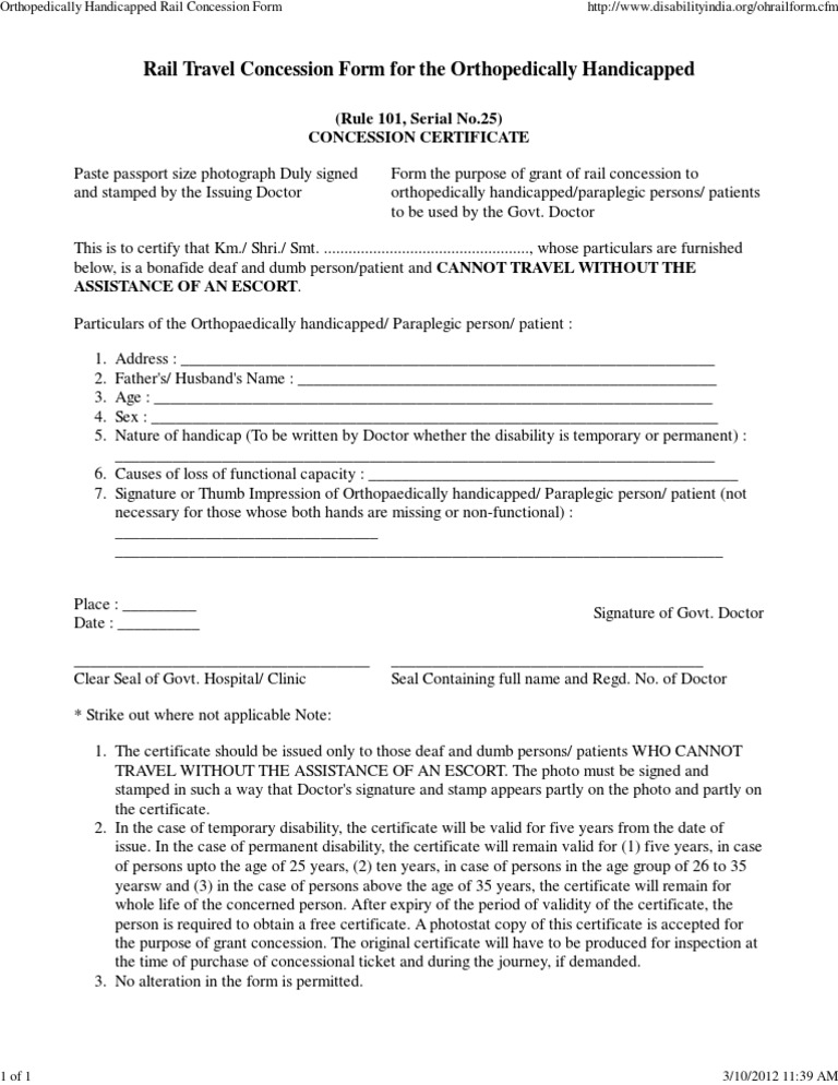 Orthopedic Ally Handicapped Rail Concession Form | PDF