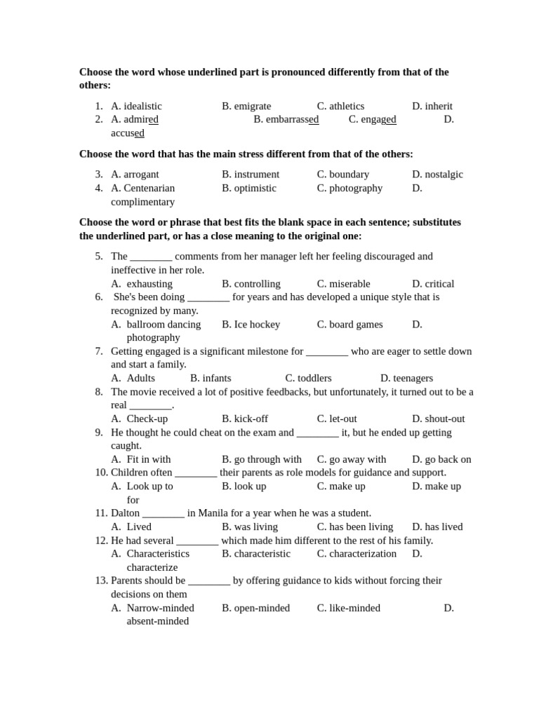 Phú Bình High School English Exercises | PDF | Grandparent