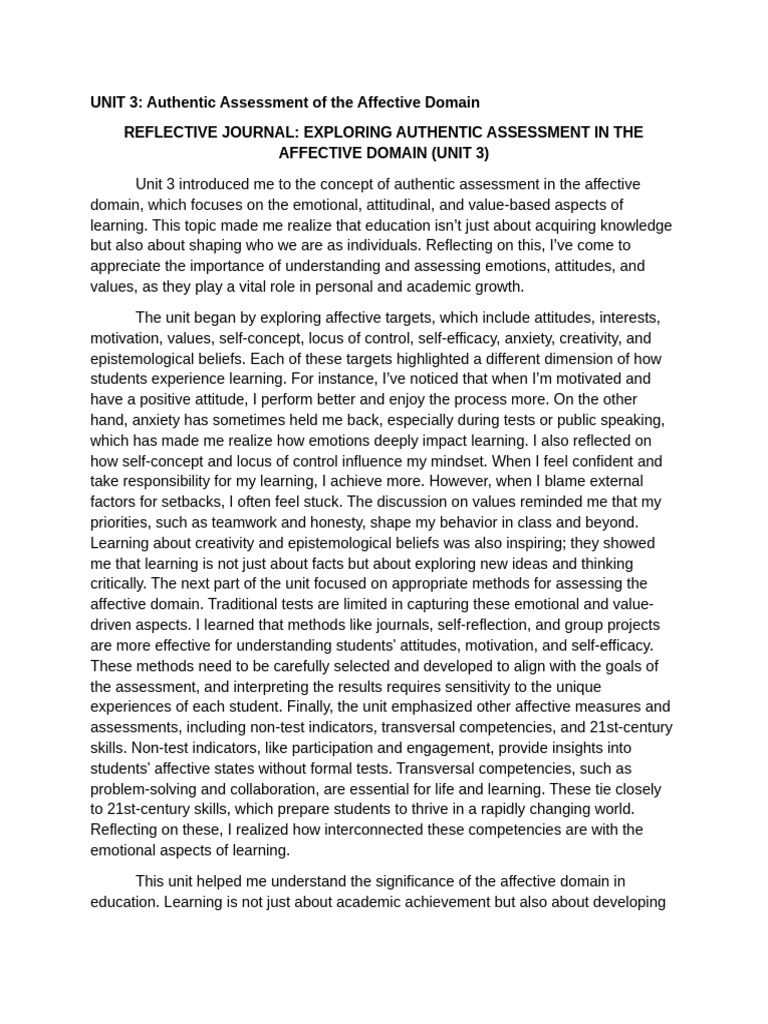 203 Unit 3,4,5 Reflection | PDF | Educational Assessment | Learning