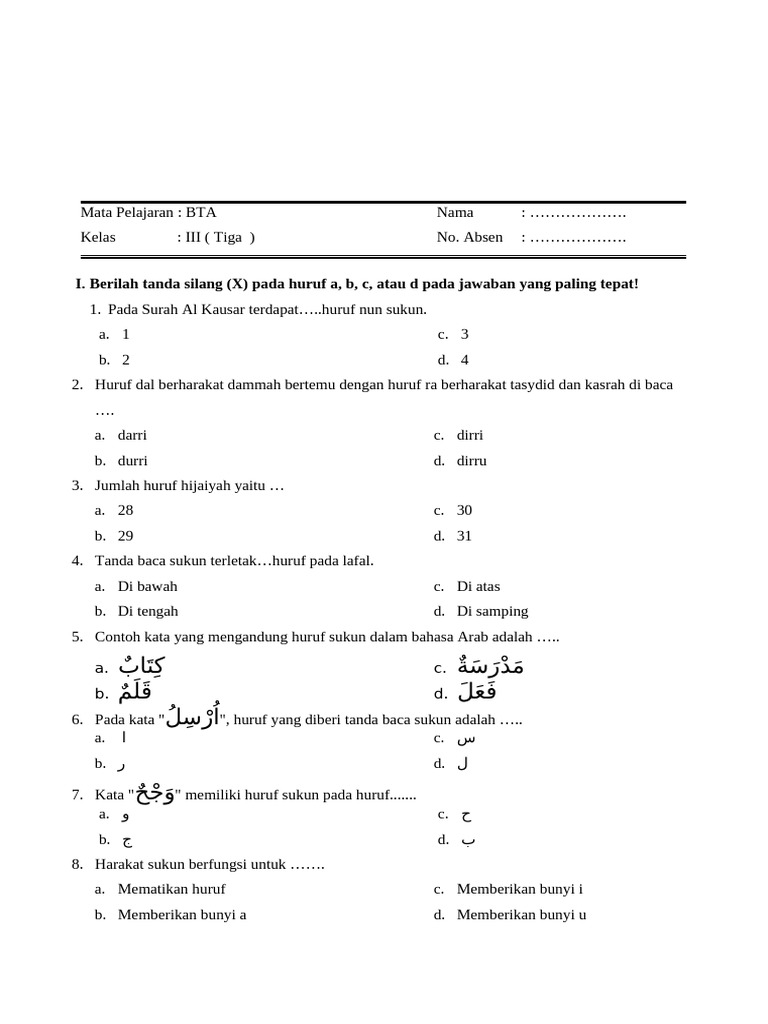 SOAL PAS B BTA Kl 3 24-24 | PDF