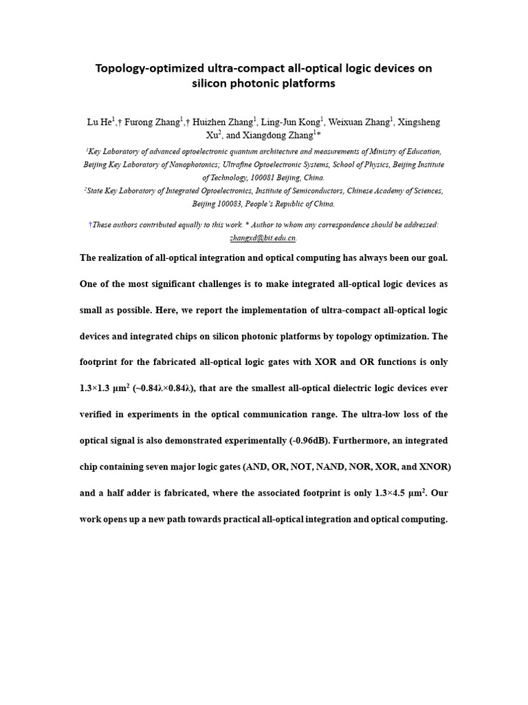 Topology-Optimized Ultra-Compact All-Optical Logic Devices On Silicon ...