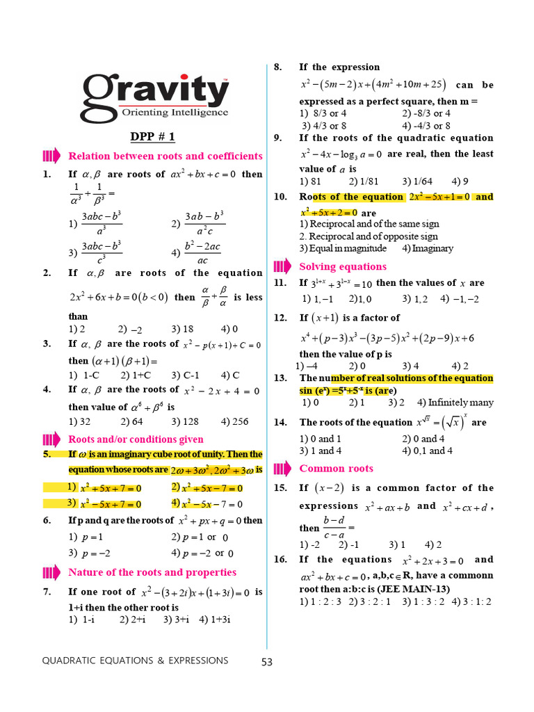 Quadratic Equation & Expressions - DPP1 | PDF | Equations | Mathematics