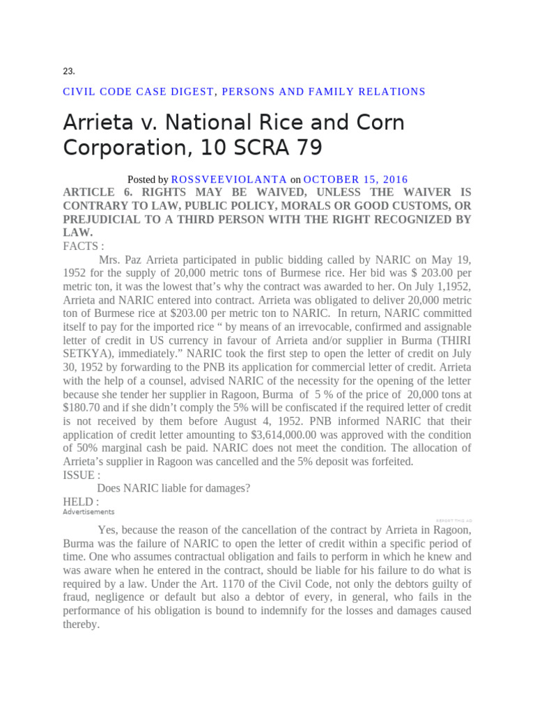 Case Digest Arrieta v. Naric | PDF | Letter Of Credit | Private Law