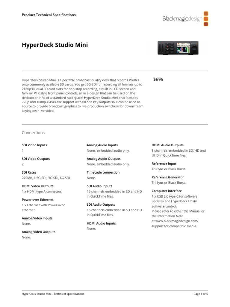 Hyperdeck Studio Mini: Product Technical Specifications | PDF | Hdmi | Video