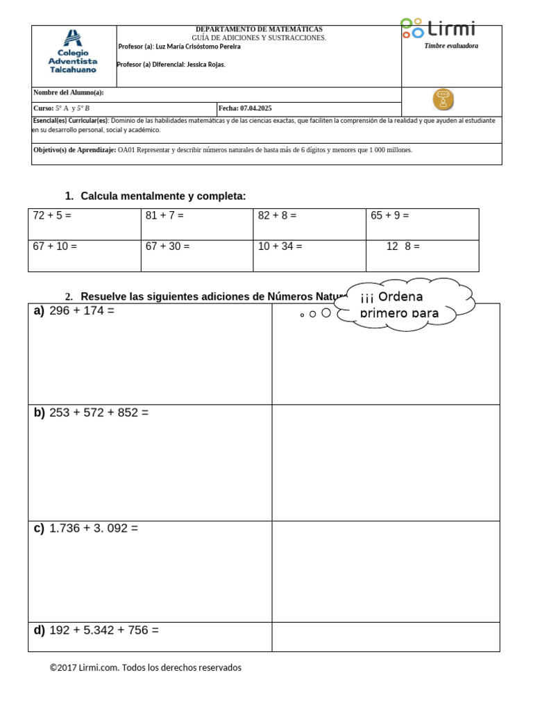 Guía de Adiciones y Sustracciones | PDF