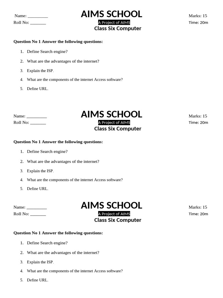 Class Six Computer Project Questions | PDF