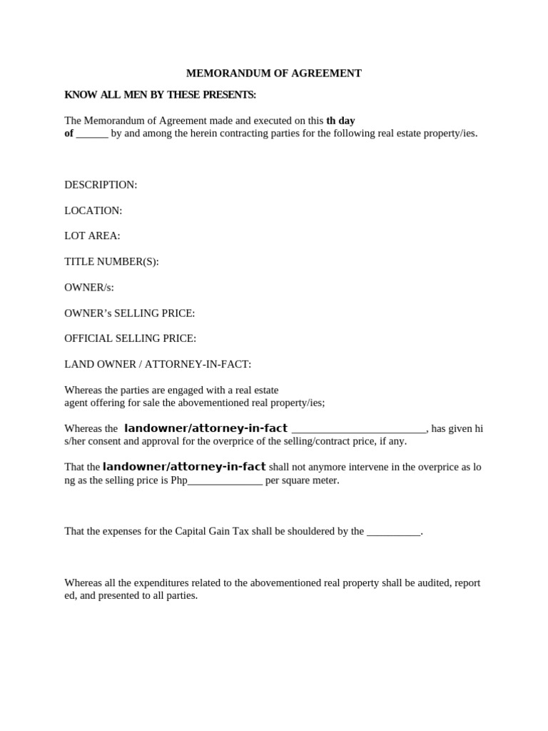 Memorandum of Sale Agreement Template | PDF