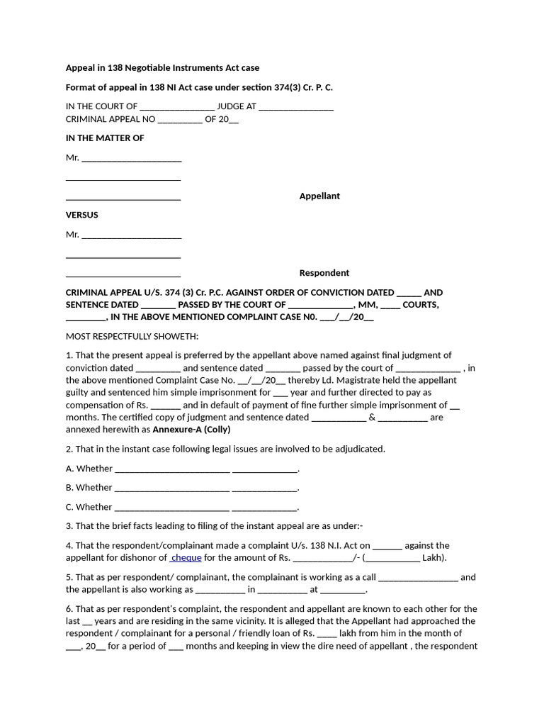 Appeal in 138 Negotiable Instruments Act Case | PDF | Bail | Affidavit