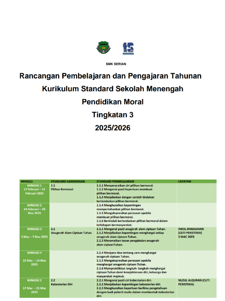 RPT 2025 Pendidikan Moral (Tingkatan 3 KSSM) | PDF