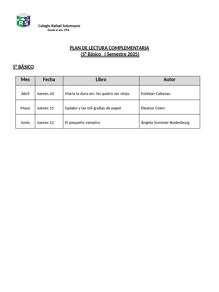 Plan Lectura Complementaria 5Â° bÃ¡sico I Semestre | PDF