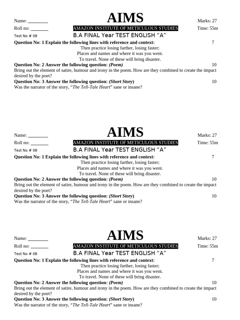 B.A English A 27 Marks Test 8 | PDF | Poetry