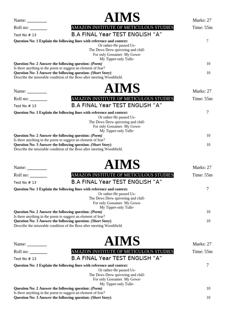 B.A English A 27 Marks Test 13 | PDF