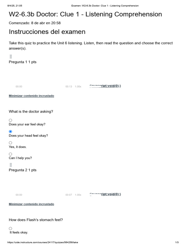 Examen - W2-6.3b Doctor - Clue 1 - Listening Comprehension | PDF