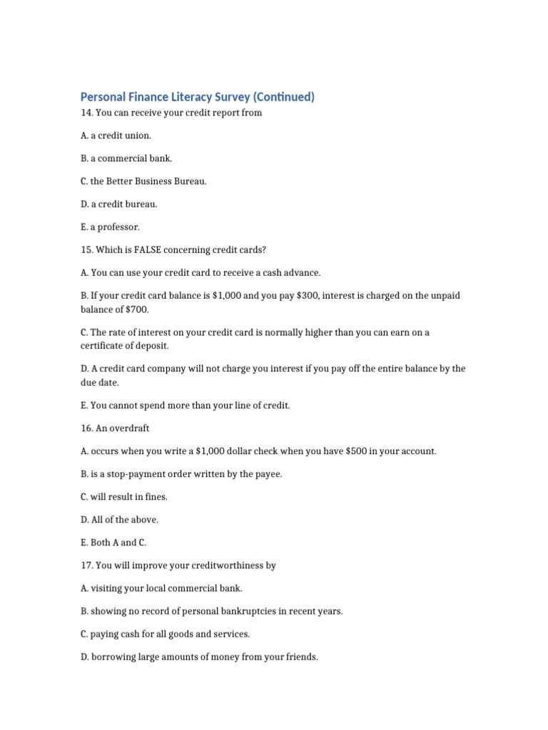 Personal Finance Literacy Survey Continued | PDF