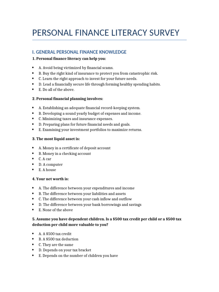 Personal Finance Literacy Survey Questions | PDF | Annual Percentage ...