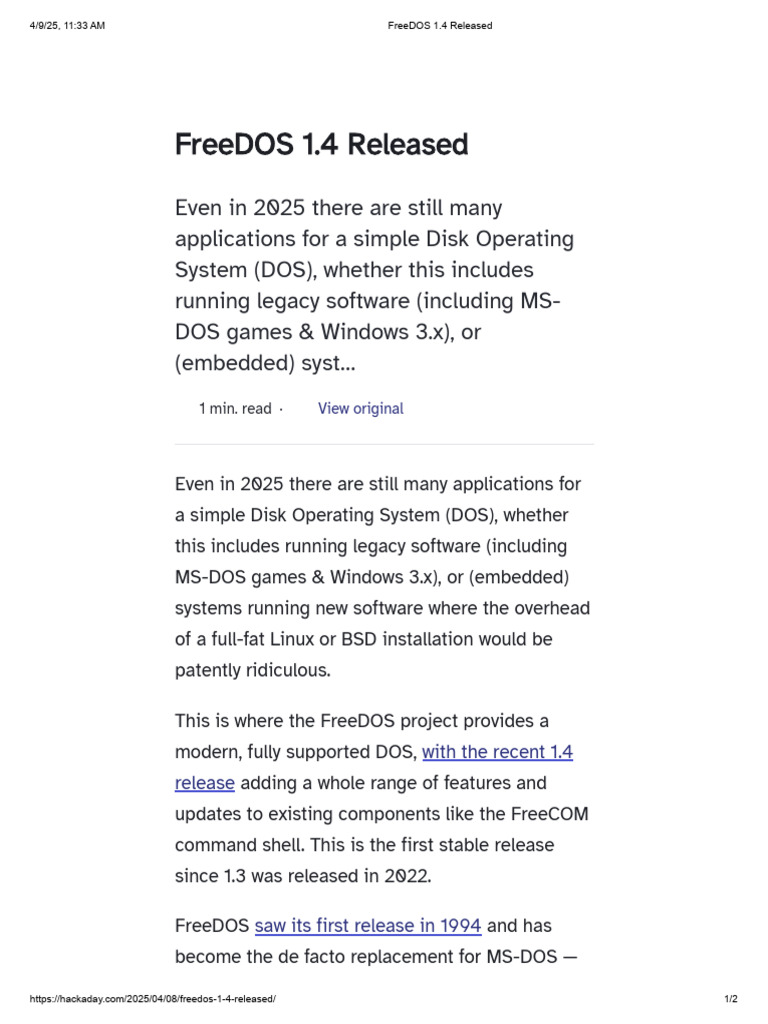 FreeDOS 1.4 Release Overview | PDF | Computer Science | X86 Architecture