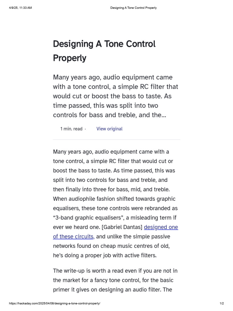Designing A Tone Control Properly | PDF | Equalization (Audio) | Analog ...