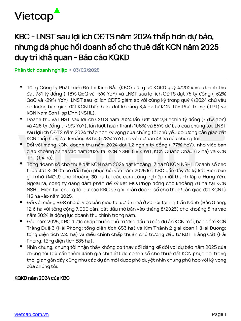 KBC LNST Sau Loi Ich Cdts Nam 2024 Thap Hon Du Bao Nhung Da Phuc Hoi Doanh So Cho Thue Dat KCN ...