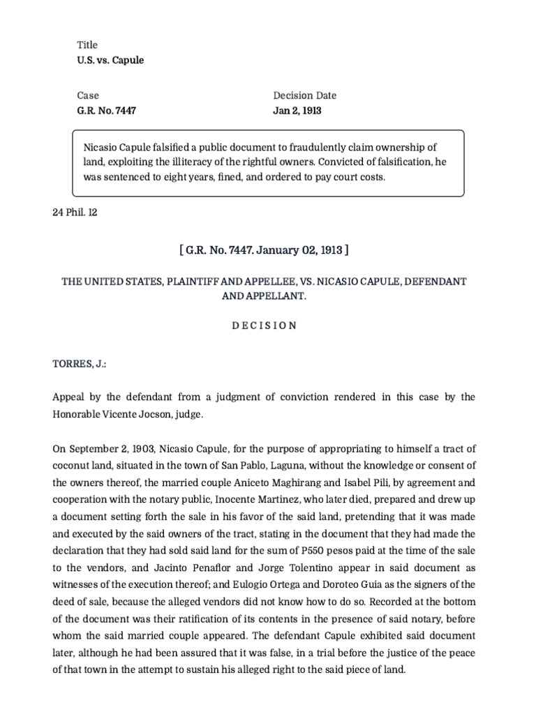 U.S. vs. Capule: Land Fraud Case 1913 | PDF | Judgment (Law) | Complaint