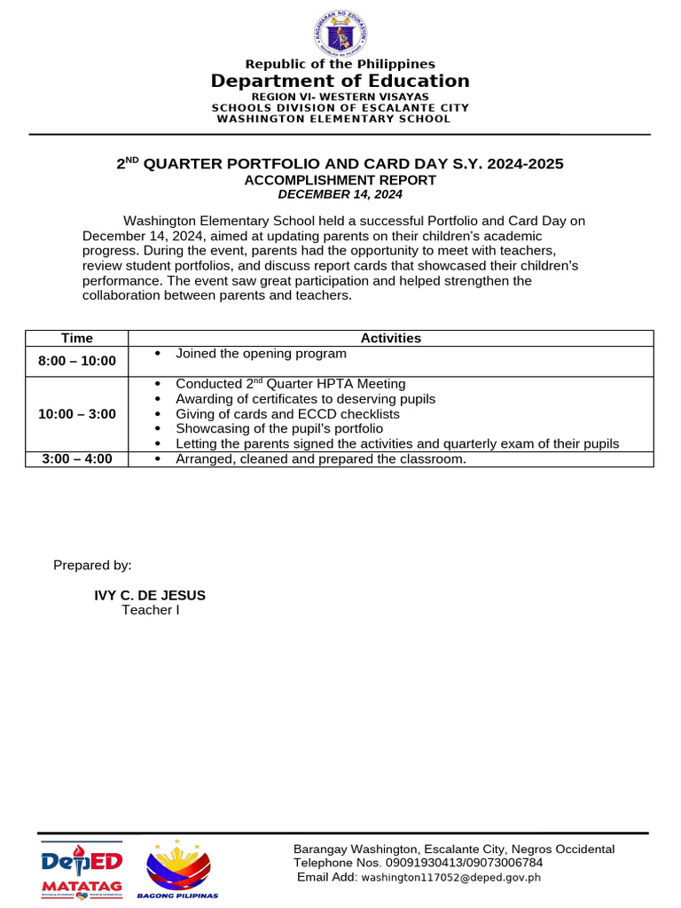 Card Day Accomplishment Report 2024 | PDF | Teachers | Learning