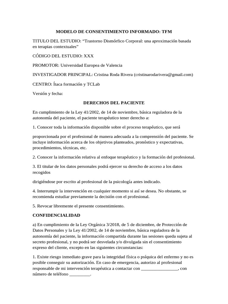 Modelo de Consentimiento Informado TFM | PDF | Consentimiento informado