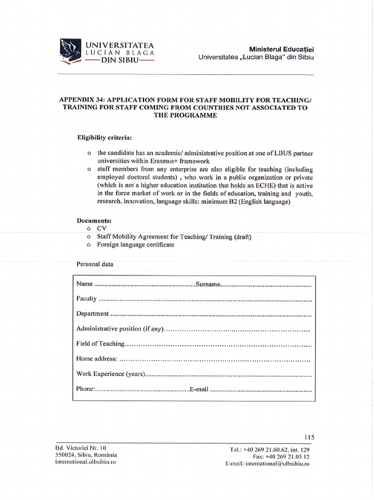 Application Form For Staff Mobility For Teaching or Training - KA171 | PDF