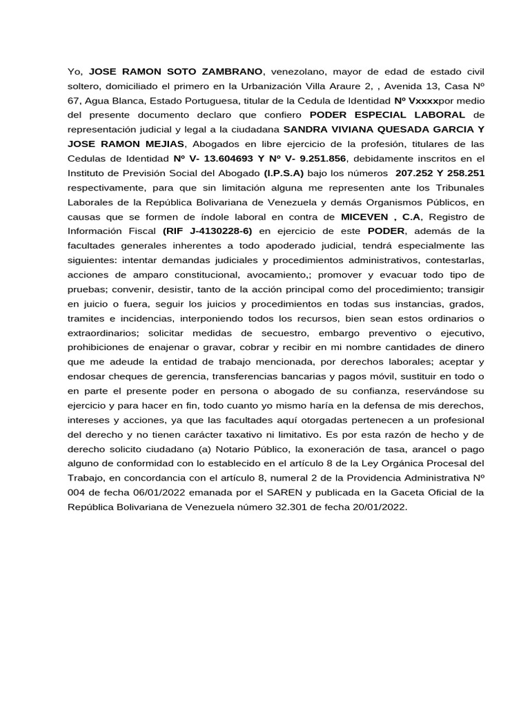 PODER LABORAL JOSE SOTO | PDF | Abogado | Venezuela