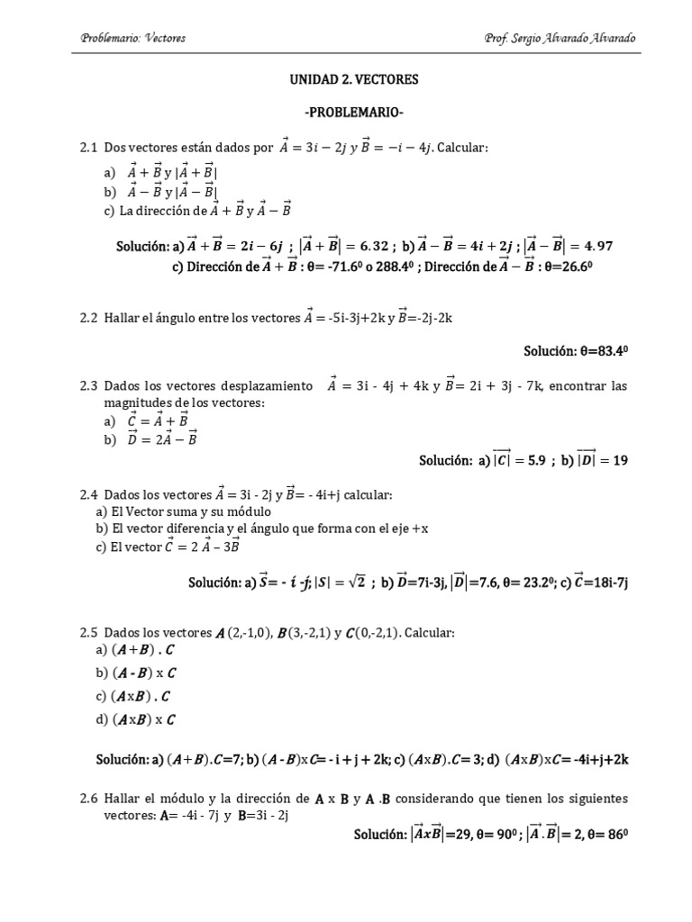 Problemario Vectores | PDF | Vector Euclidiano | Triángulo