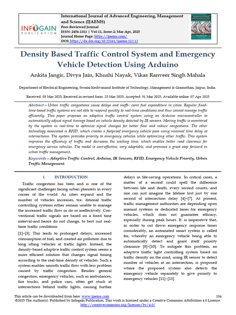 Density Based Traffic Control System and Emergency Vehicle Detection Using Arduino | PDF ...