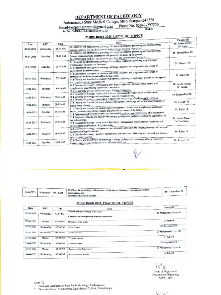 Pathology Lecture Schedule 2025 | PDF | Medicine | Cancer