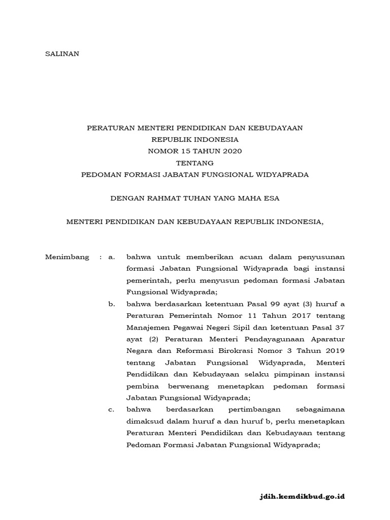 2020 - Permendikbud Nomor 15 Tahun 2020 Tentang PEDOMAN FORMASI JABATAN WIDYAPRADA | PDF