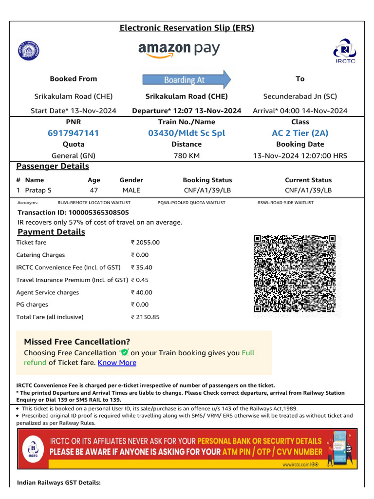 IRCTC Train Ticket Payment Summary | PDF | Identity Document | Payments