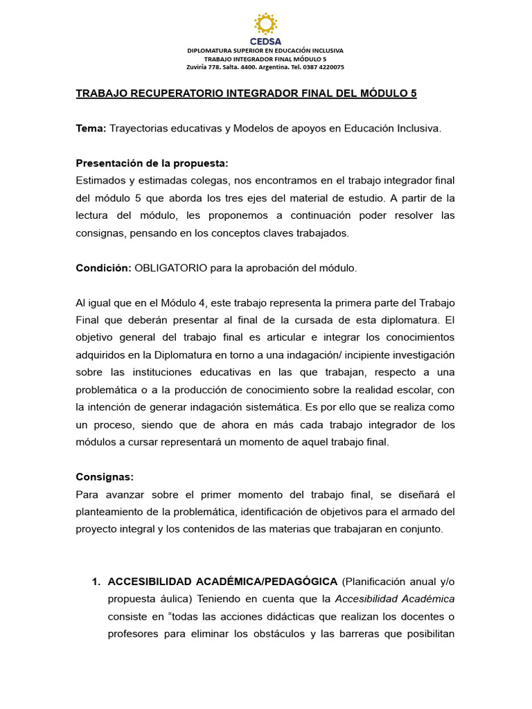 Canaza-M5. TRABAJO RECUPERATORIO INTEGRADOR FINAL - ED. INCLUSIVA 2024 | PDF | Enseñando ...