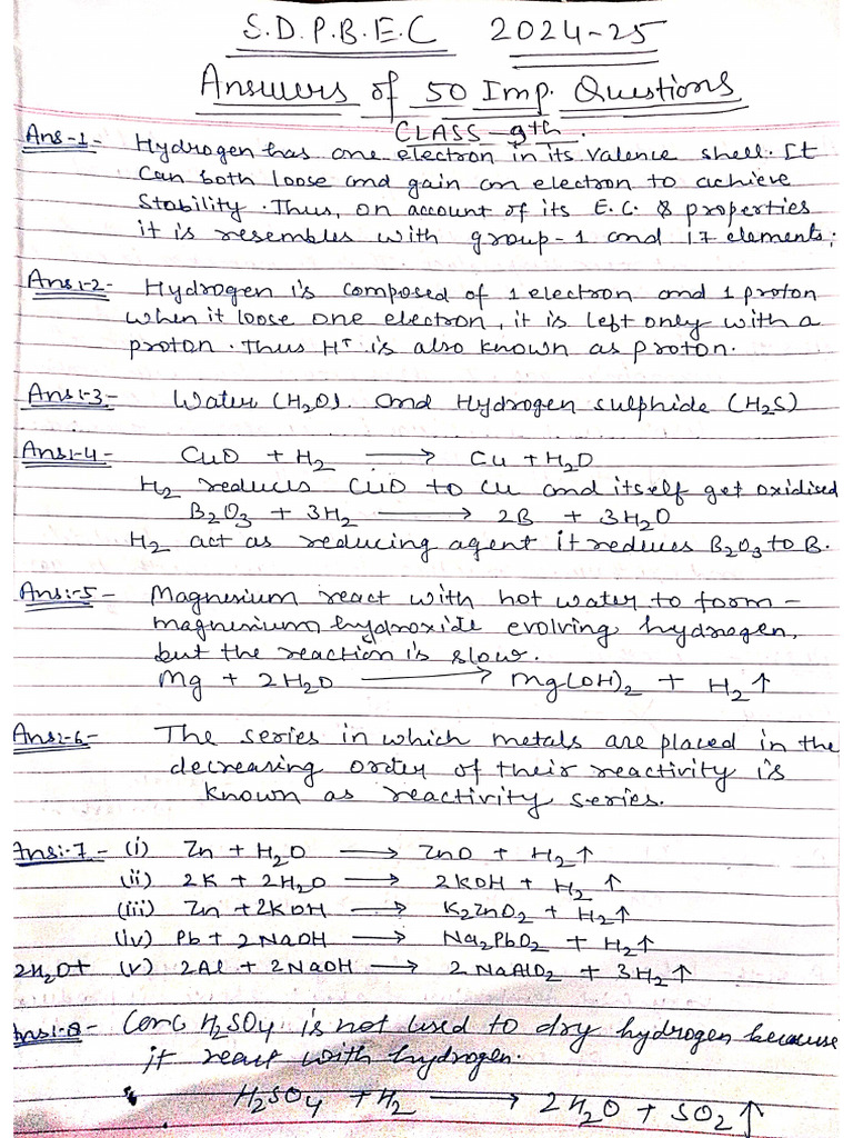 Class 9 Chemistry Answer of 50 Important Questions | PDF