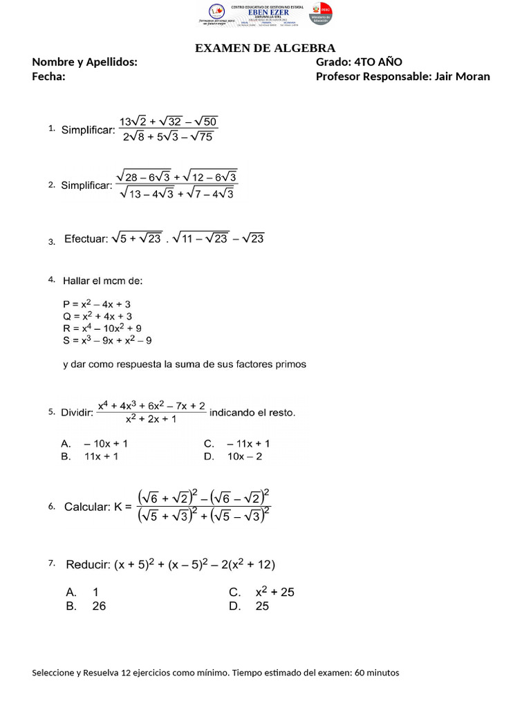 Examen de Algebra - 4to Año | PDF