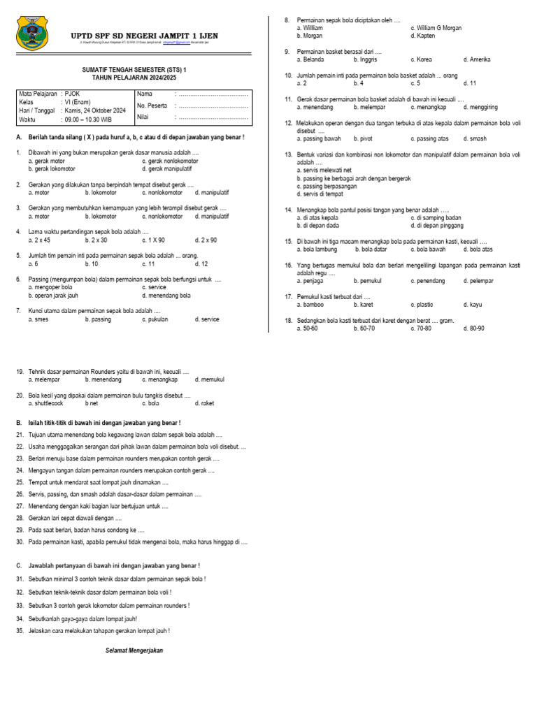 Naskah Soal STS Ganjil PJOK Kelas 6 | PDF