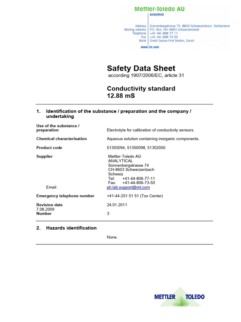 Conductivity Standard Safety Data Sheet | PDF | Waste | Waste Management