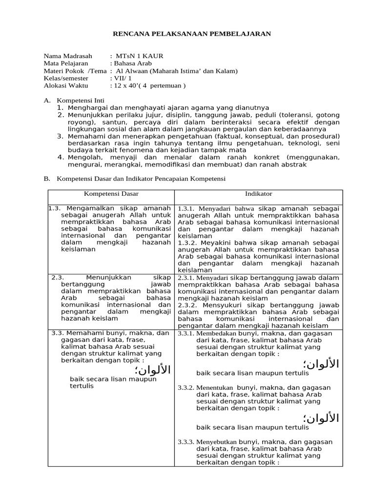 RPP Bahasa Arab Kelas 7 MTs K13 Materi Alwan - Maharah Istima' Dan Kalam | PDF