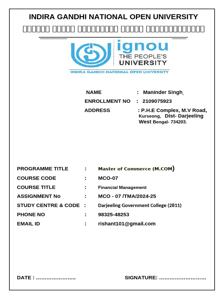 Ignou Assignment Front Page Word Format Download 1 | PDF