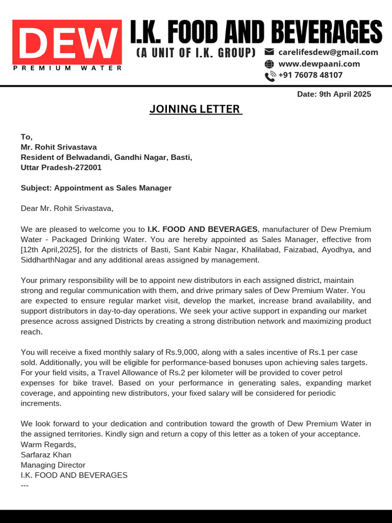 Appointment Letter for Sales Manager | PDF | Economies